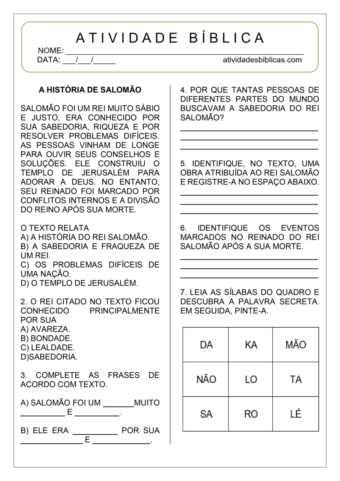 Atividade sobre o Rei Salomão para imprimir - Atividades Bíblicas
