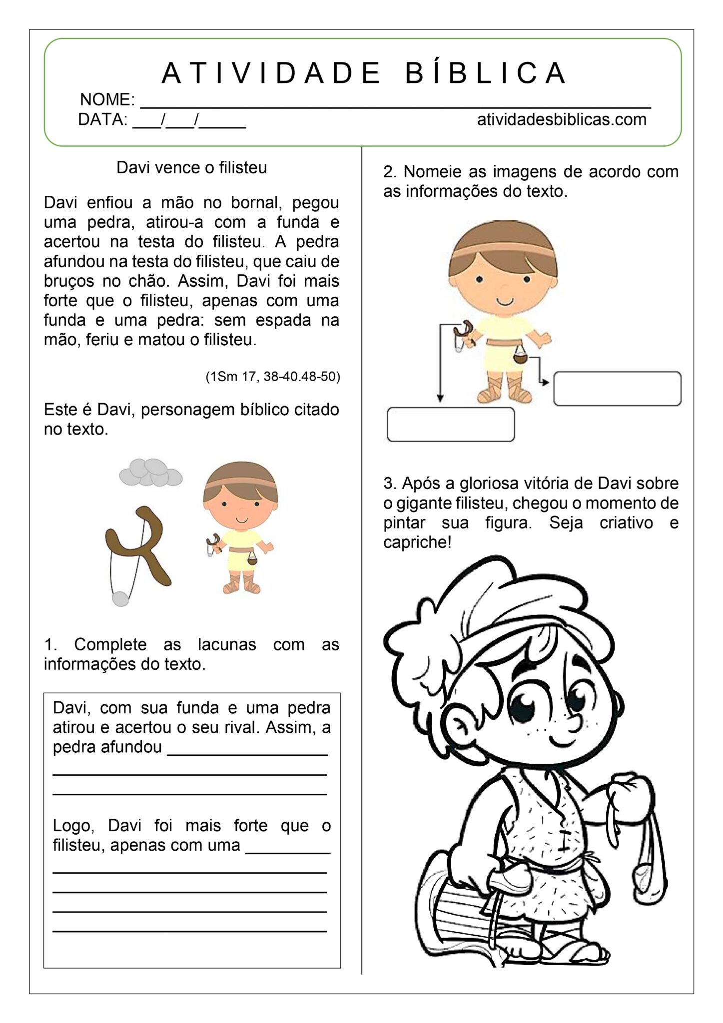 Atividades sobre Davi e Golias para imprimir - Atividades Bíblicas