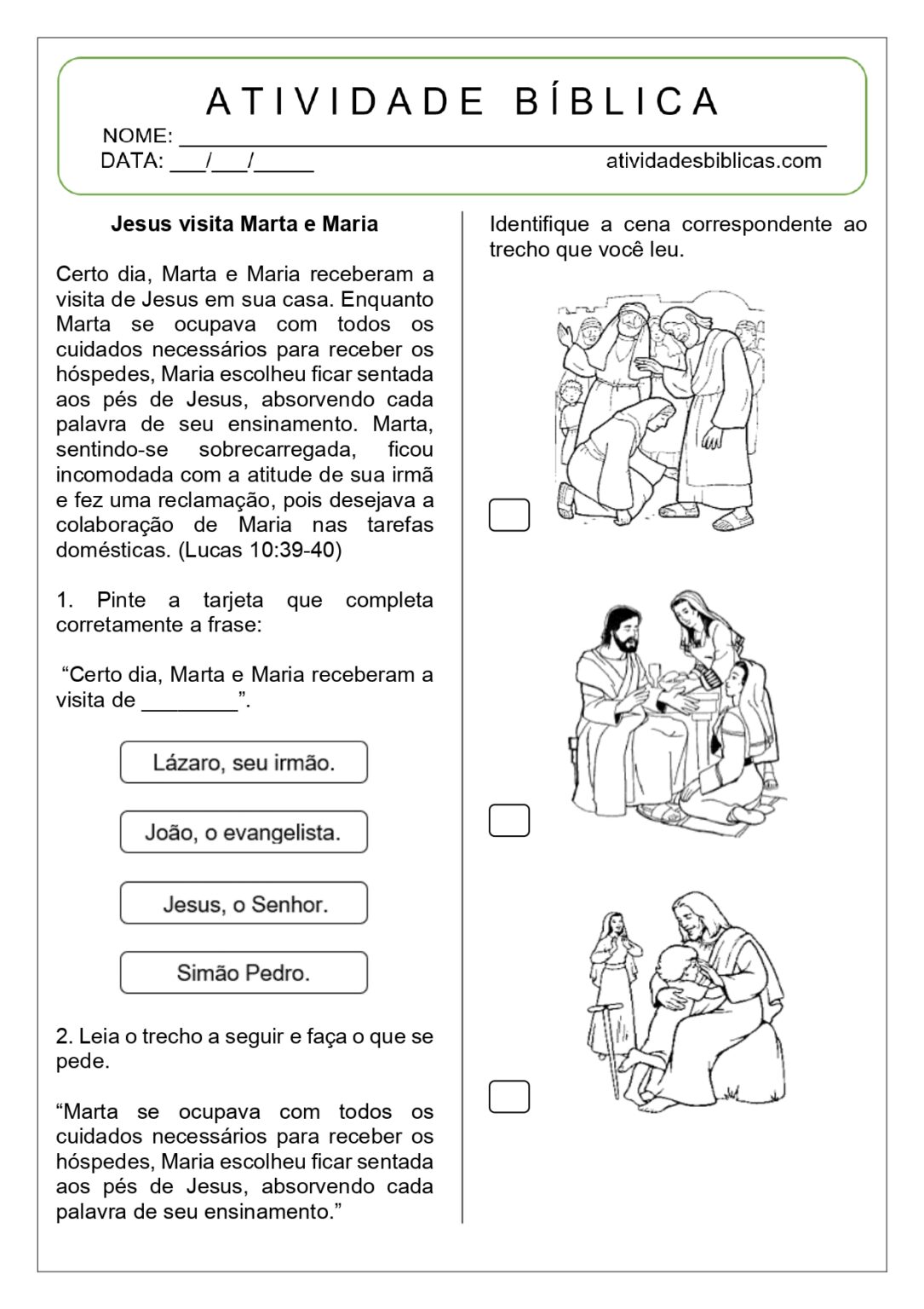 Atividades sobre Marta e Maria para Imprimir - Atividades Bíblicas